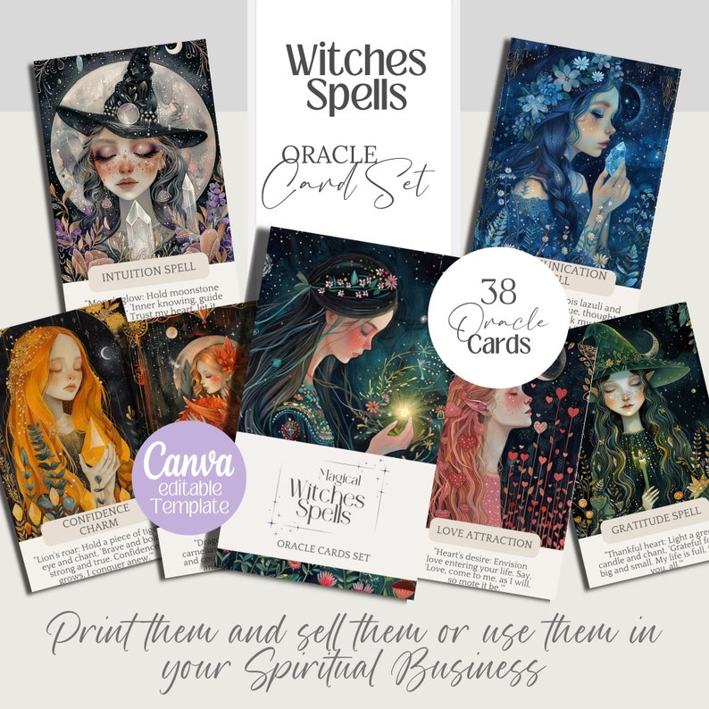 Witches Spells Oracle Printable Cards Witchy Deck Editable Tarot Witch ...