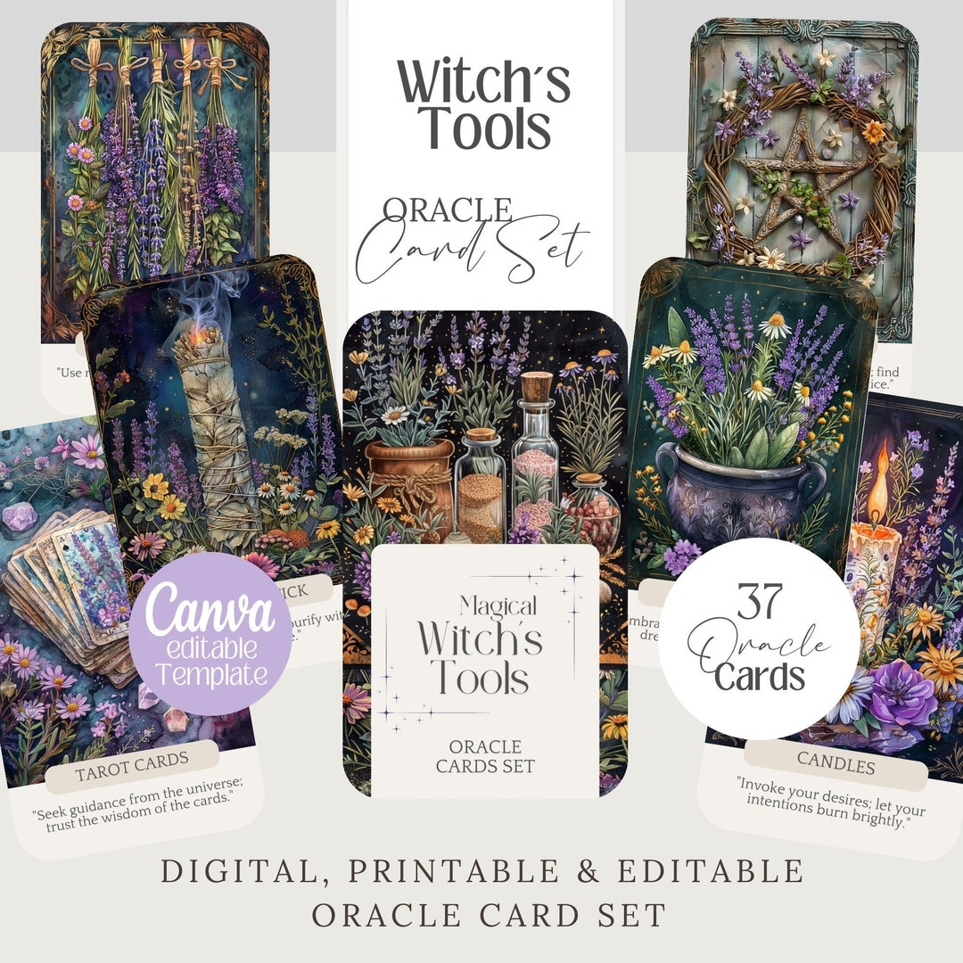 Witch Tools Oracle Cards, Witchy Printable Deck, Editable Template ...