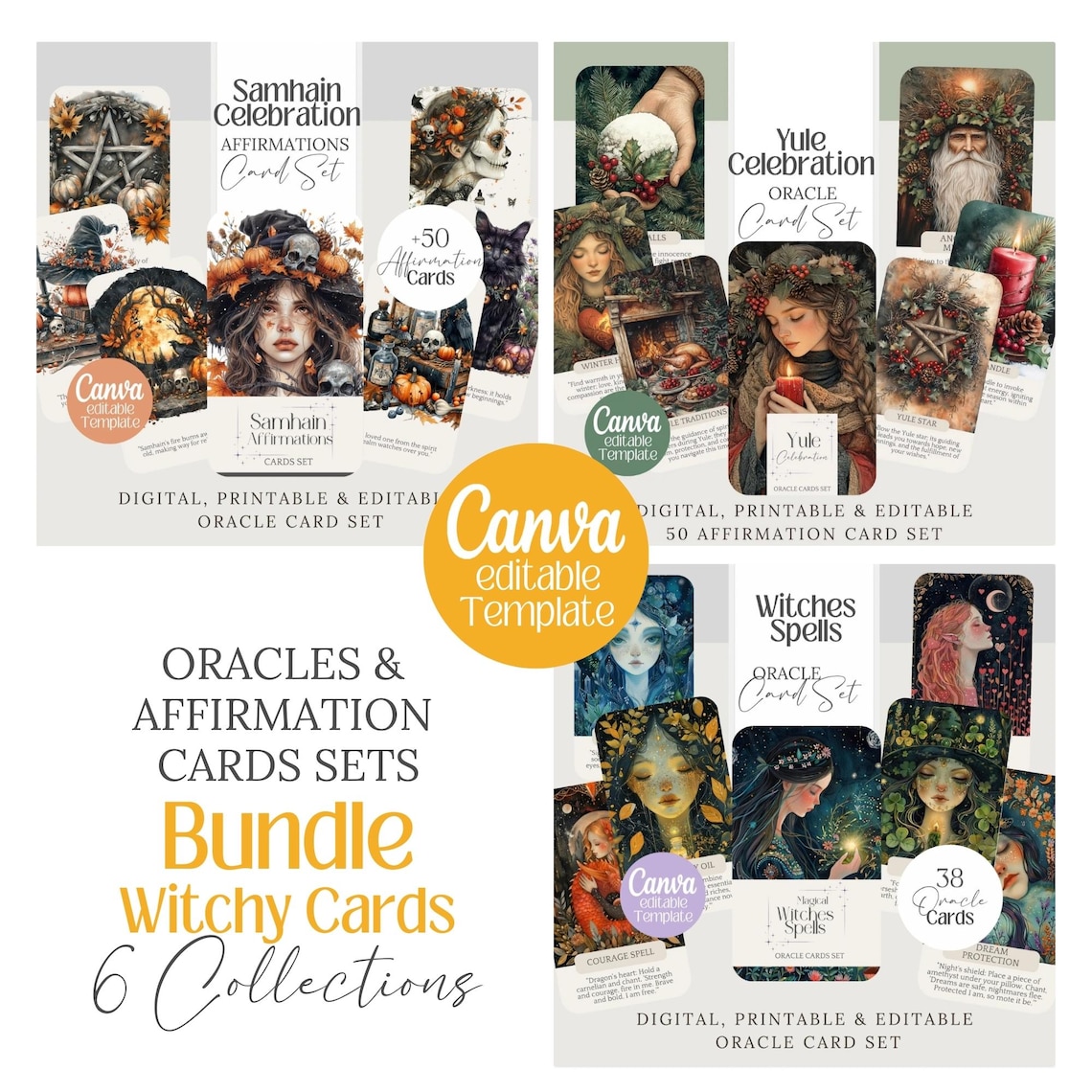 Wicca Oracle & Affirmation Cards PNG Bundle | Editable Templates, Wheel ...