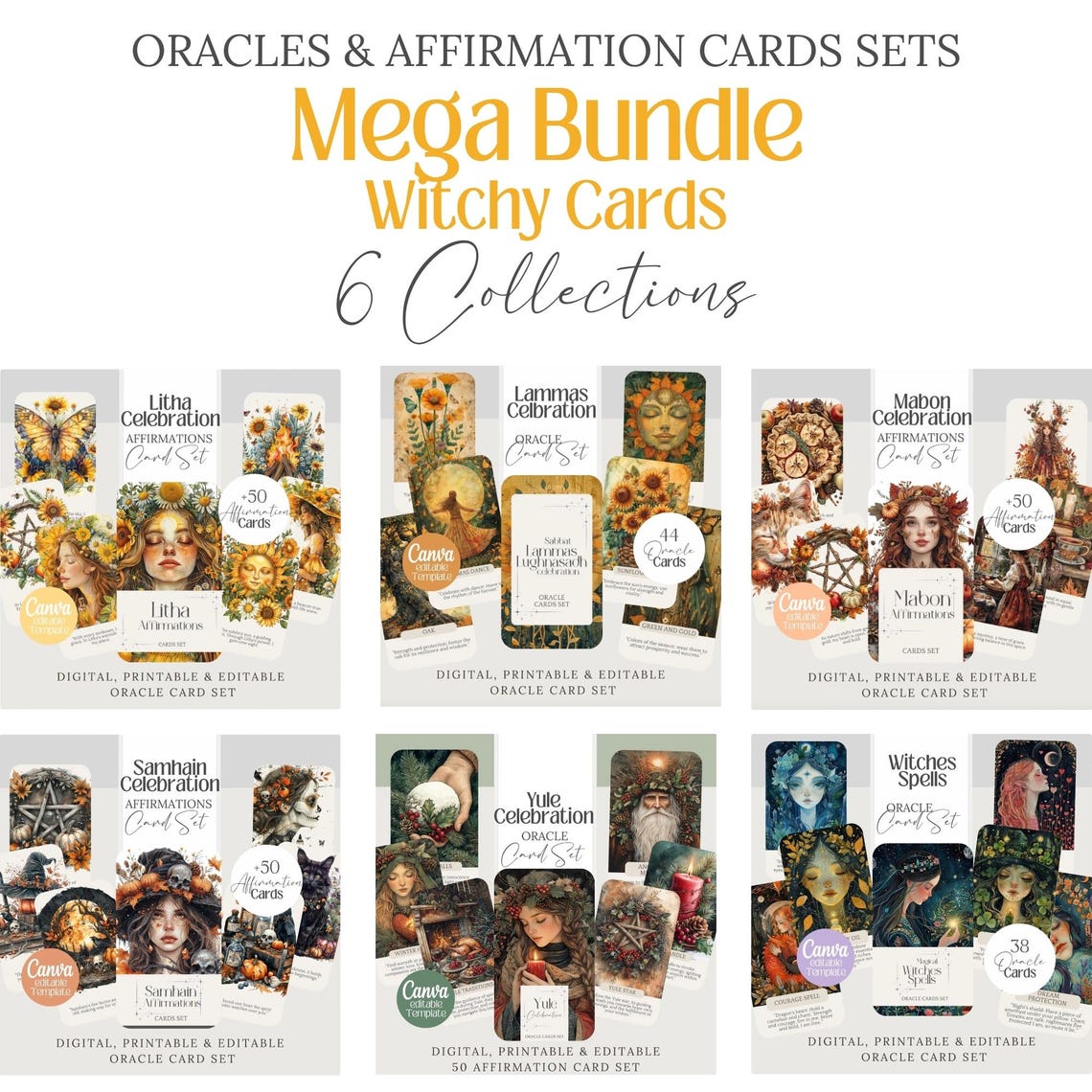 Wicca Oracle & Affirmation Cards PNG Bundle | Editable Templates, Wheel ...