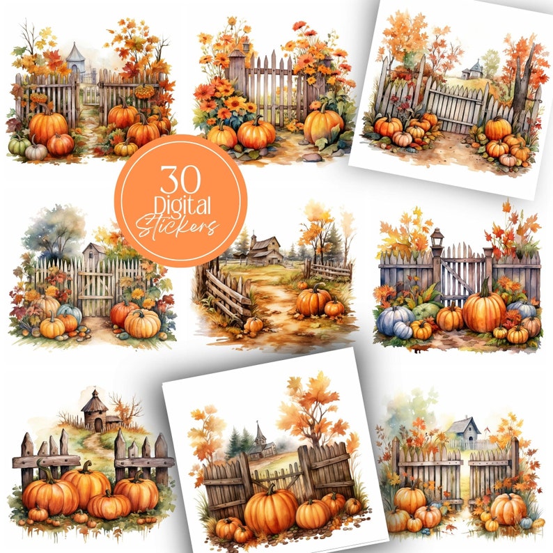Watercolor Pumpkin Patch Clipart: 50 Fall PNG Images (commercial Use ...