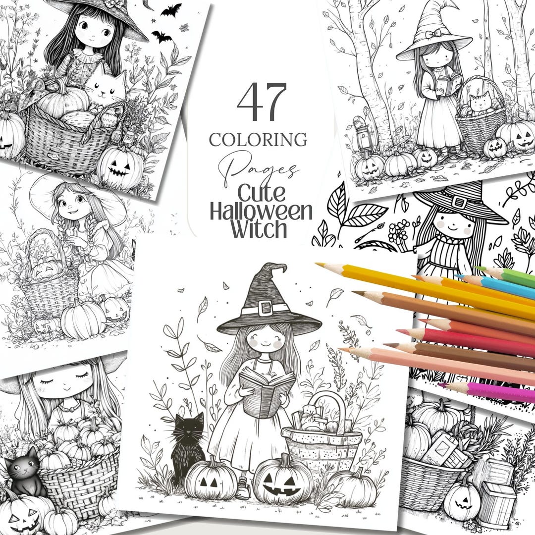 Cute Halloween Witch Coloring Page Cottagecore Adult Coloring ...