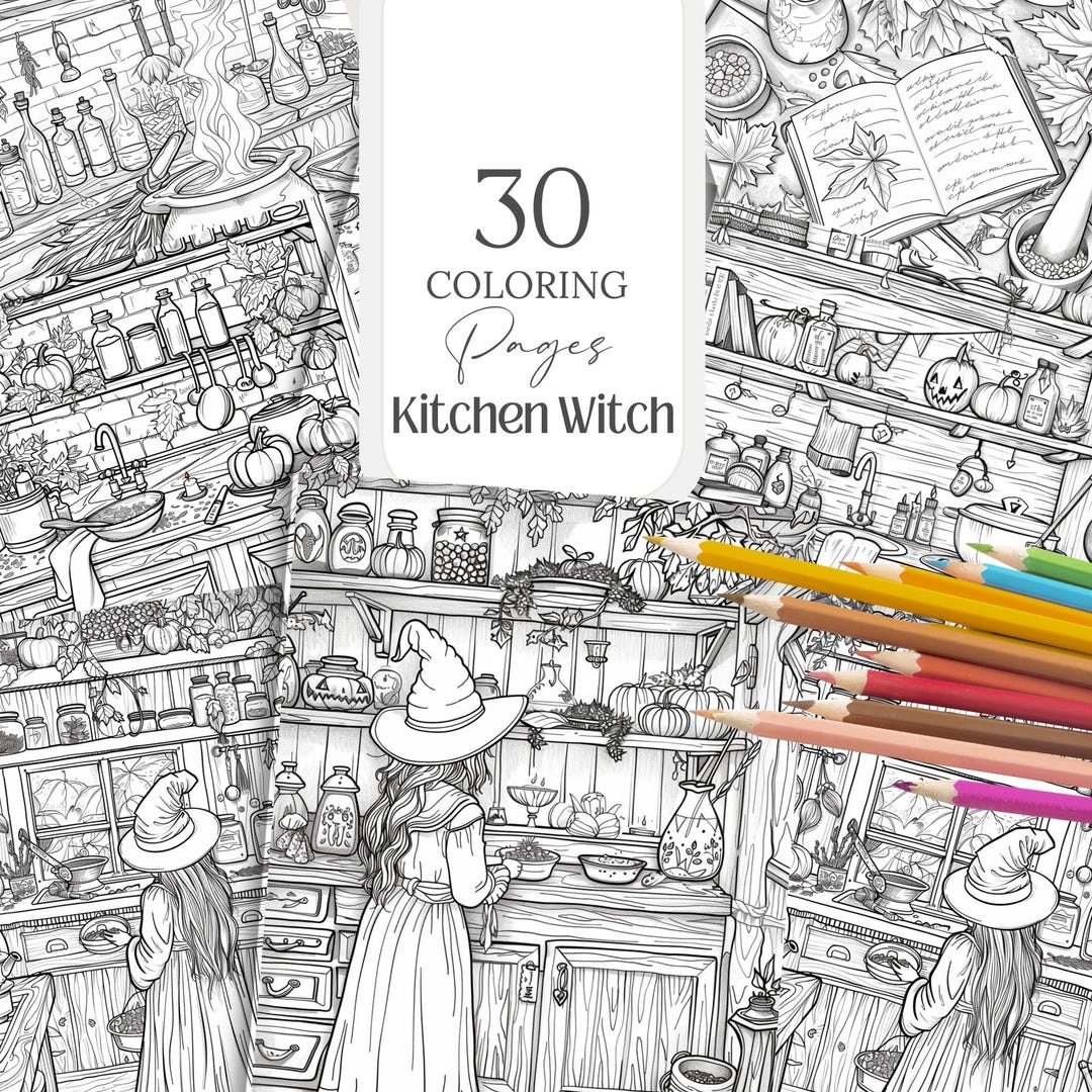 Kitchen Witch Coloring Pages Cottagecore Coloring Illustrations Witchy ...