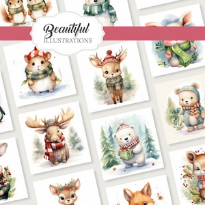 Christmas Animals Watercolor Clipart Bundle - 200 PNG Festive Animal ...