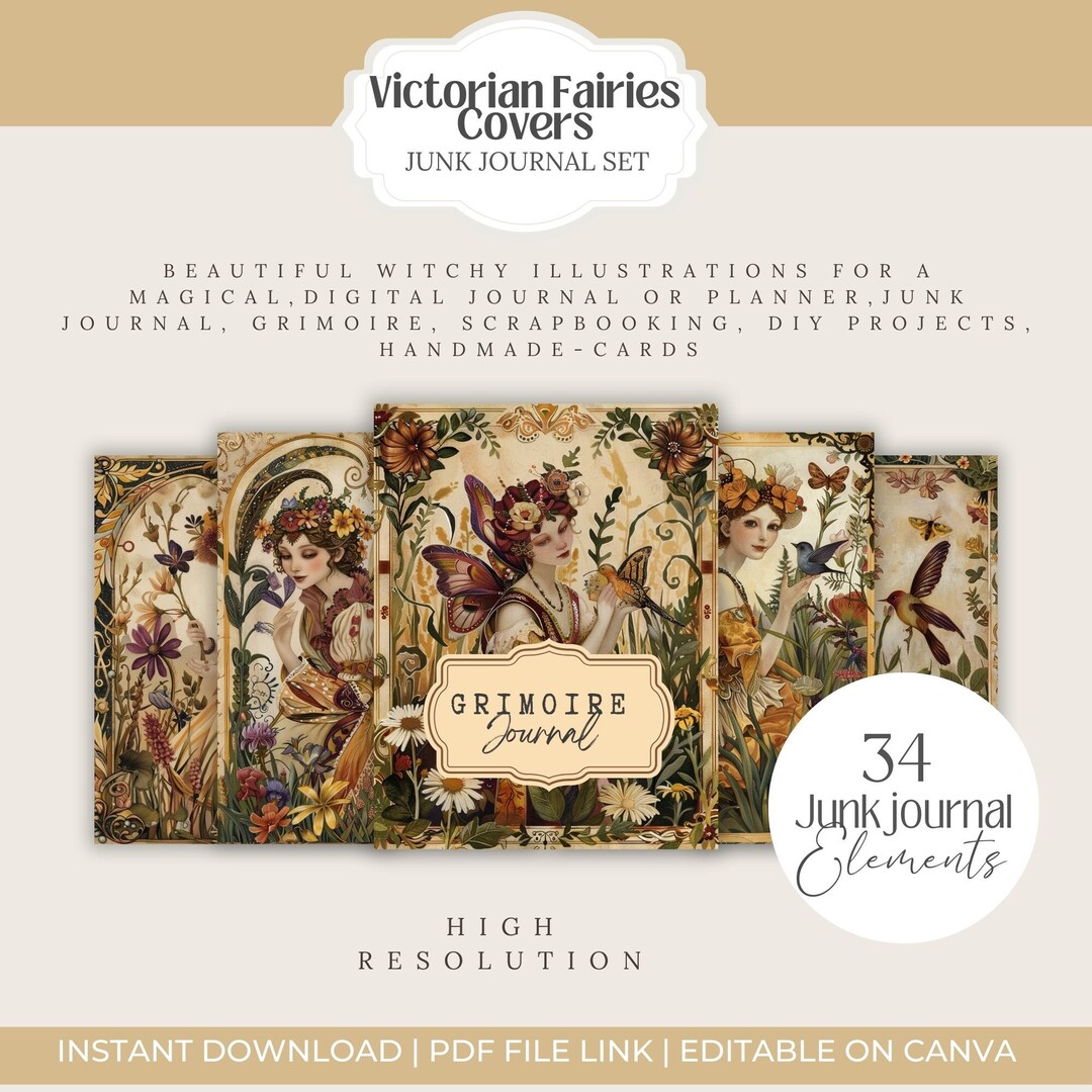 Victorian Fairy Vintage Grimoire Covers Png Set Digital Illustrations, Botanical Books Wall Art ...