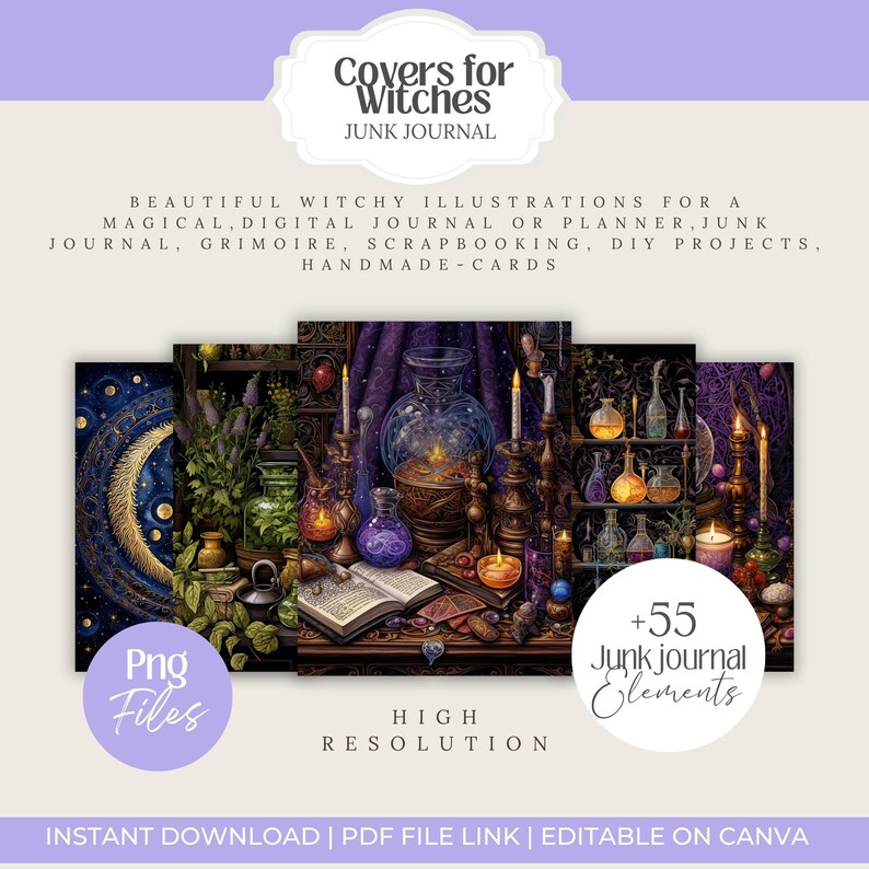 Witchy Grimoire Cover PNG Collection: Wiccan Illustrations (digital ...