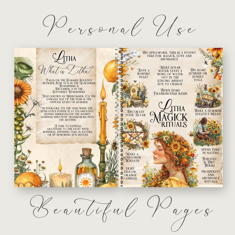 Litha Midsummer Book of Shadows, Digital Grimoire Paper Witchy ...