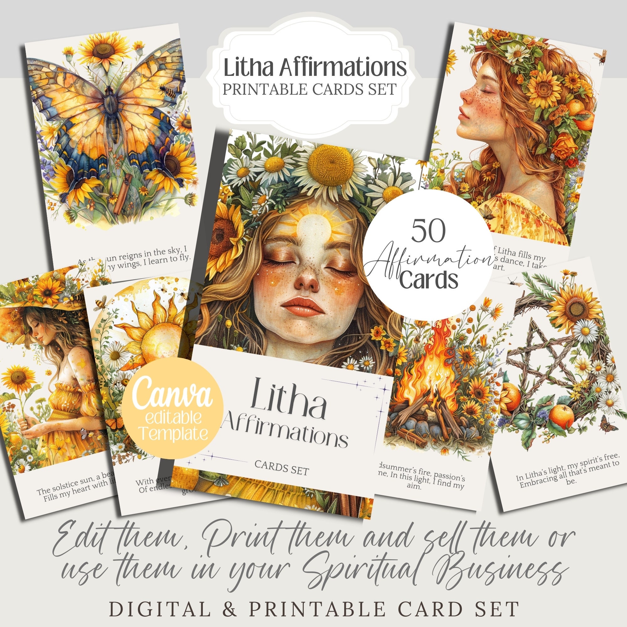 Litha Affirmation Cards, Png Witchy Printable Deck, Editable Template ...