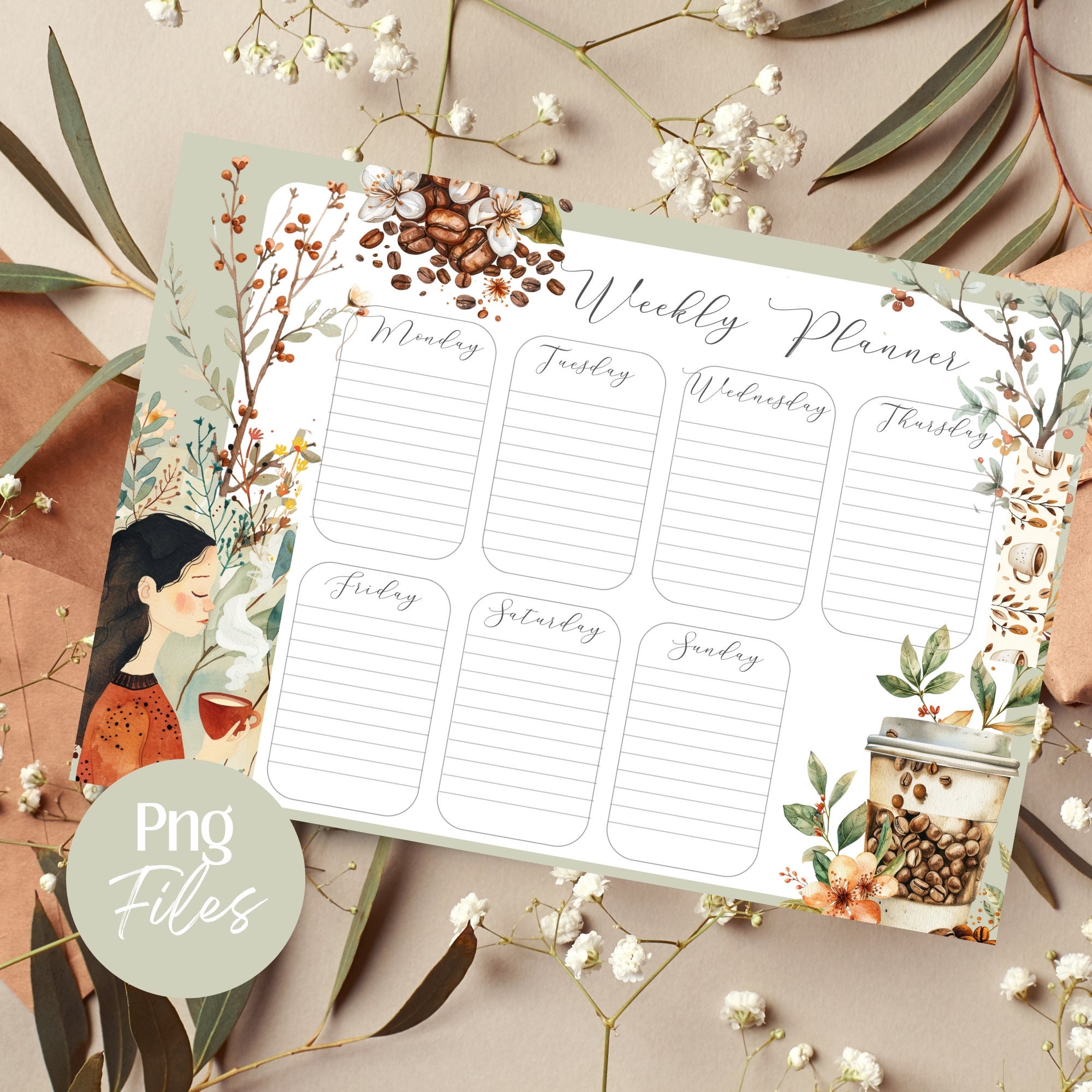 Coffee Lover 3 Weekly Printable Png Planner, Blank Writing Paper Sheet ...