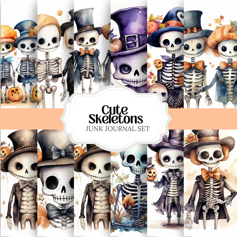 Cute Spooky Skeletons Clipart Whimsical Halloween Watercolor Stickers ...