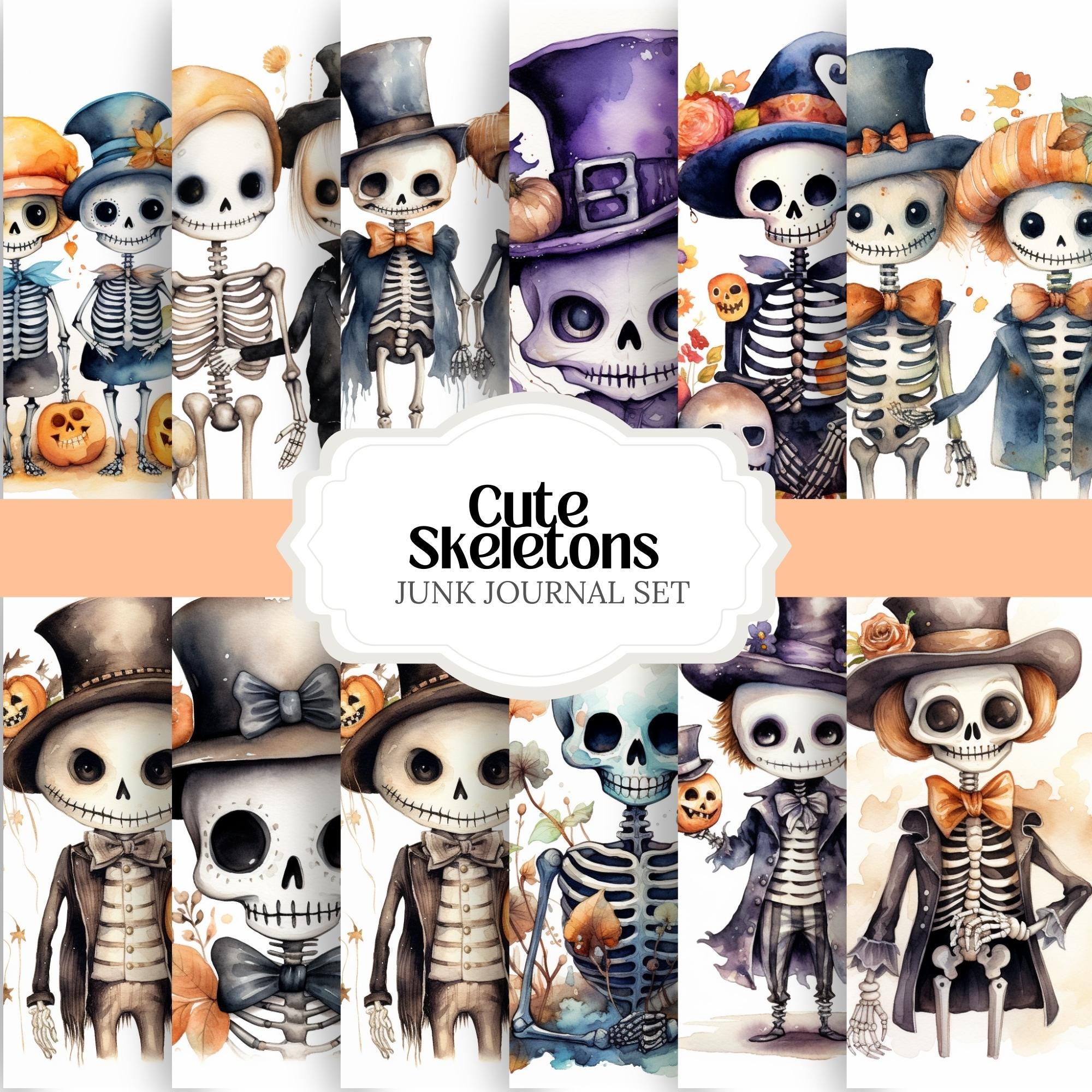 Cute Spooky Skeletons Clipart Whimsical Halloween Watercolor Stickers ...