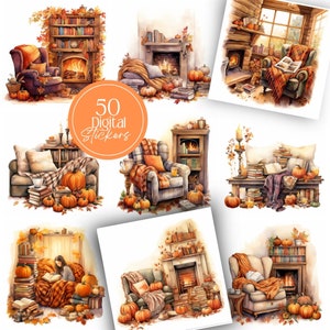 Cozy Autumn Watercolor Clipart Bundle - 50 PNG Cute Fall Images ...