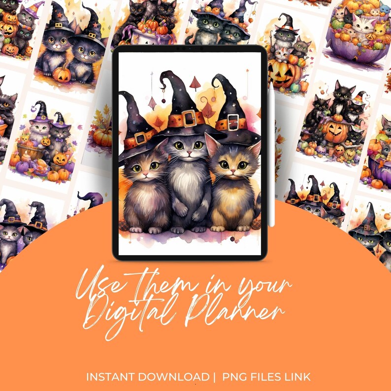 Halloween Cats Watercolor Clipart Bundle 100 PNG Spooky Cat Images ...