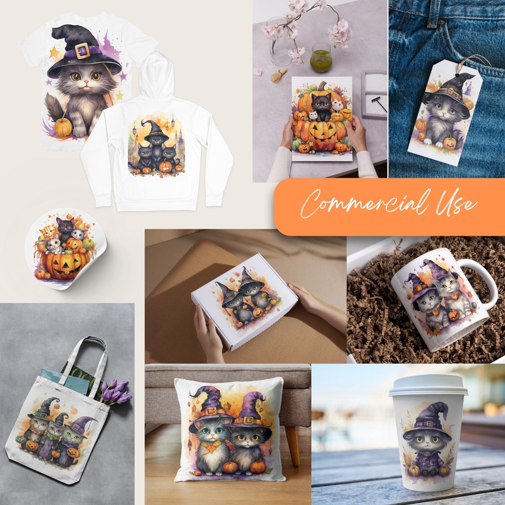 Halloween Cats Watercolor Clipart Bundle 100 PNG Spooky Cat Images ...