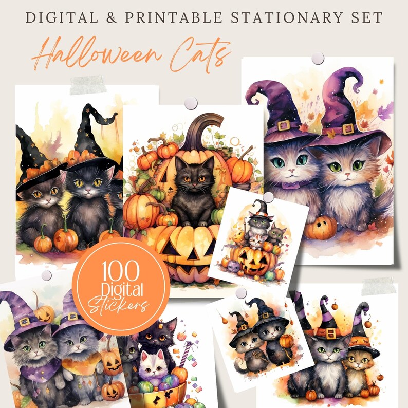 Halloween Cats Watercolor Clipart Bundle 100 PNG Spooky Cat Images ...
