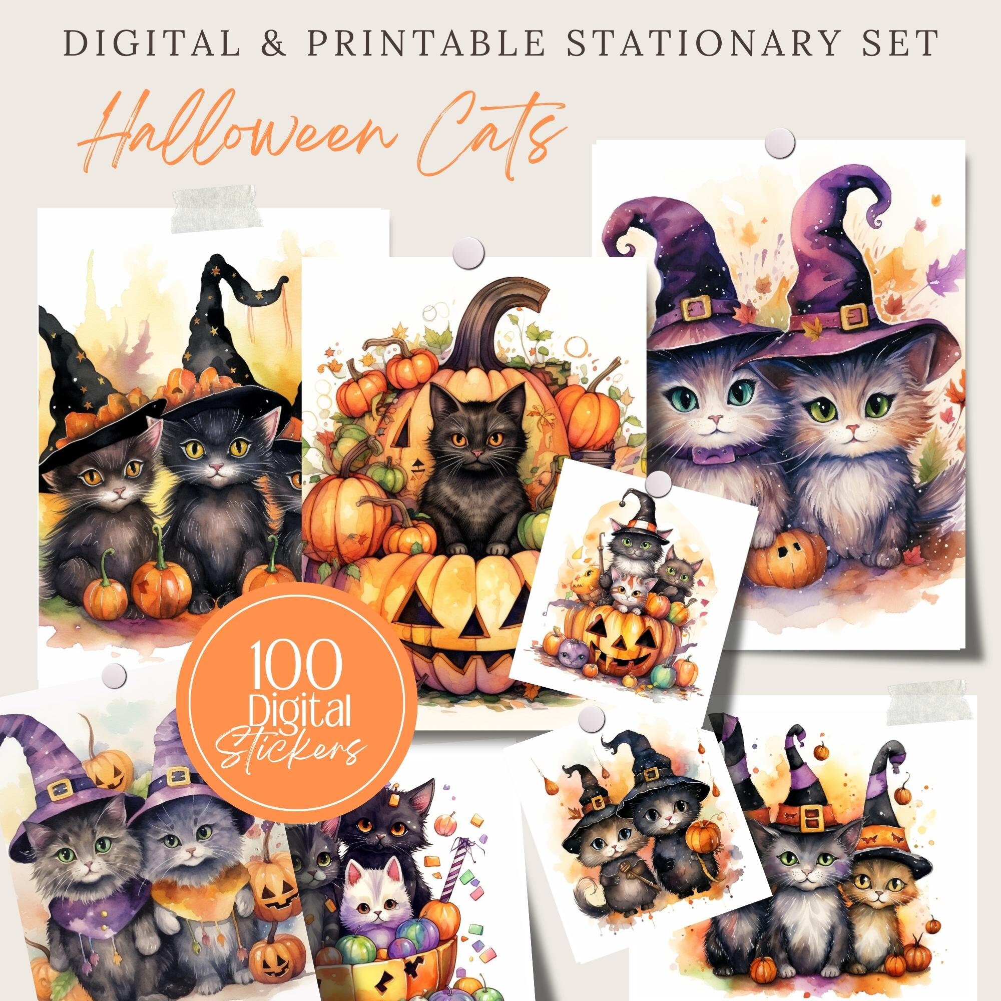 Halloween Cats Watercolor Clipart Bundle 100 PNG Spooky Cat Images ...