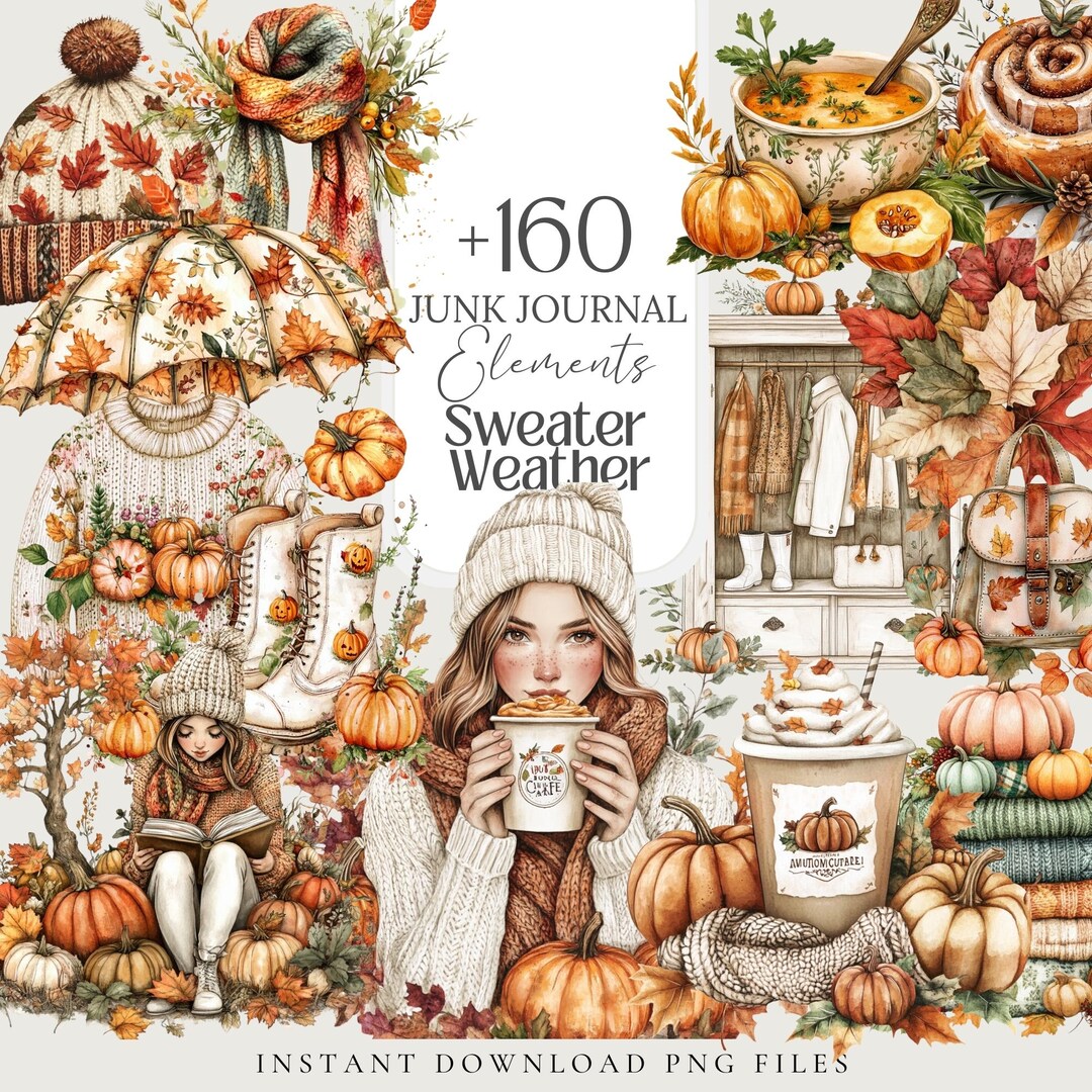 Sweater Weather Clipart Set: Cozy Autumn PNG Illustrations (digital ...