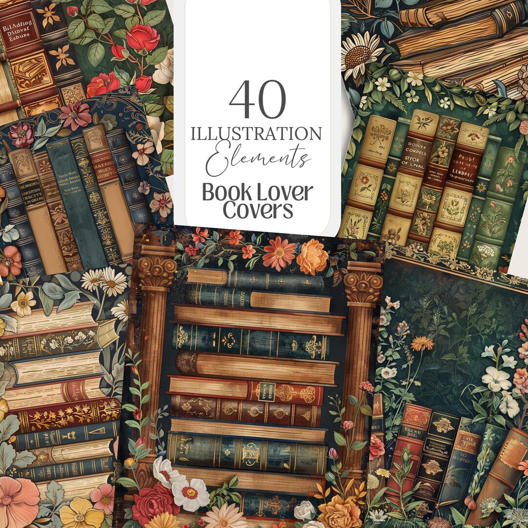 Vintage Book Lover PNG: Floral Book Cover Illustrations (digital ...