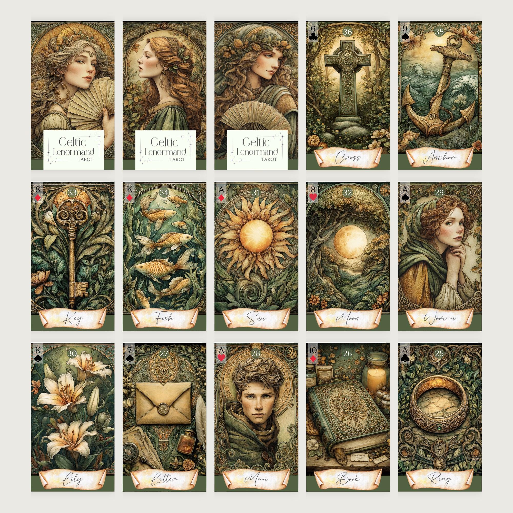 Celtic Lenormand Tarot Deck, Witchy Green Oracle (printable, Canva ...