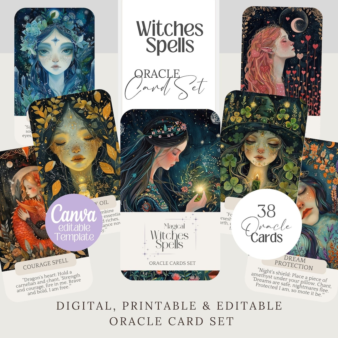 Witches Spells Oracle Cards, Witchy Printable Deck, Editable Template ...