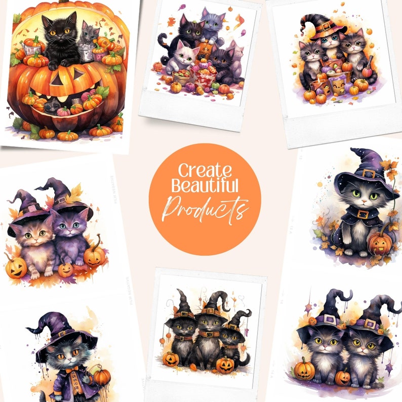 Halloween Cats Watercolor Clipart Bundle 100 PNG Spooky Cat Images ...
