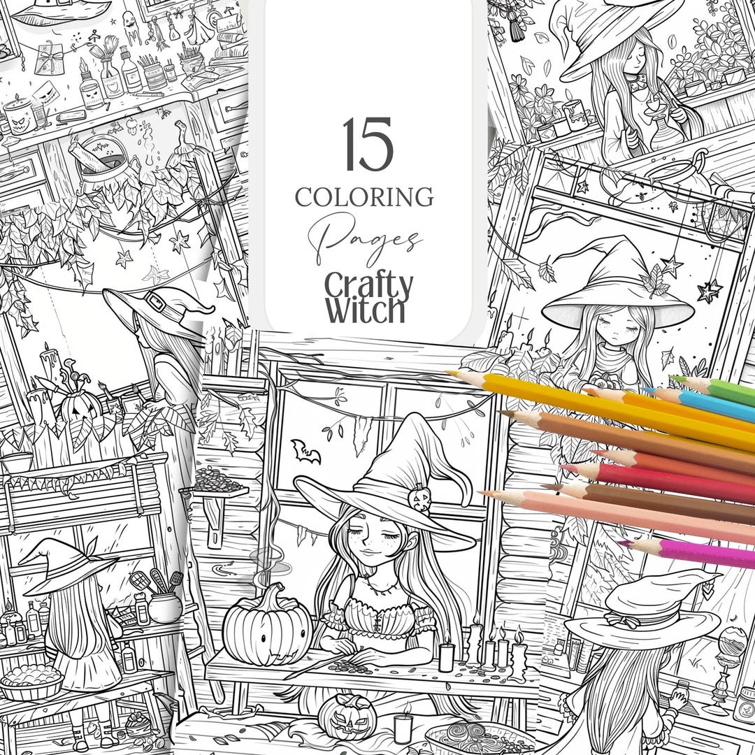 Crafty Witch Coloring Pages Cottagecore Adult Coloring Illustrations ...