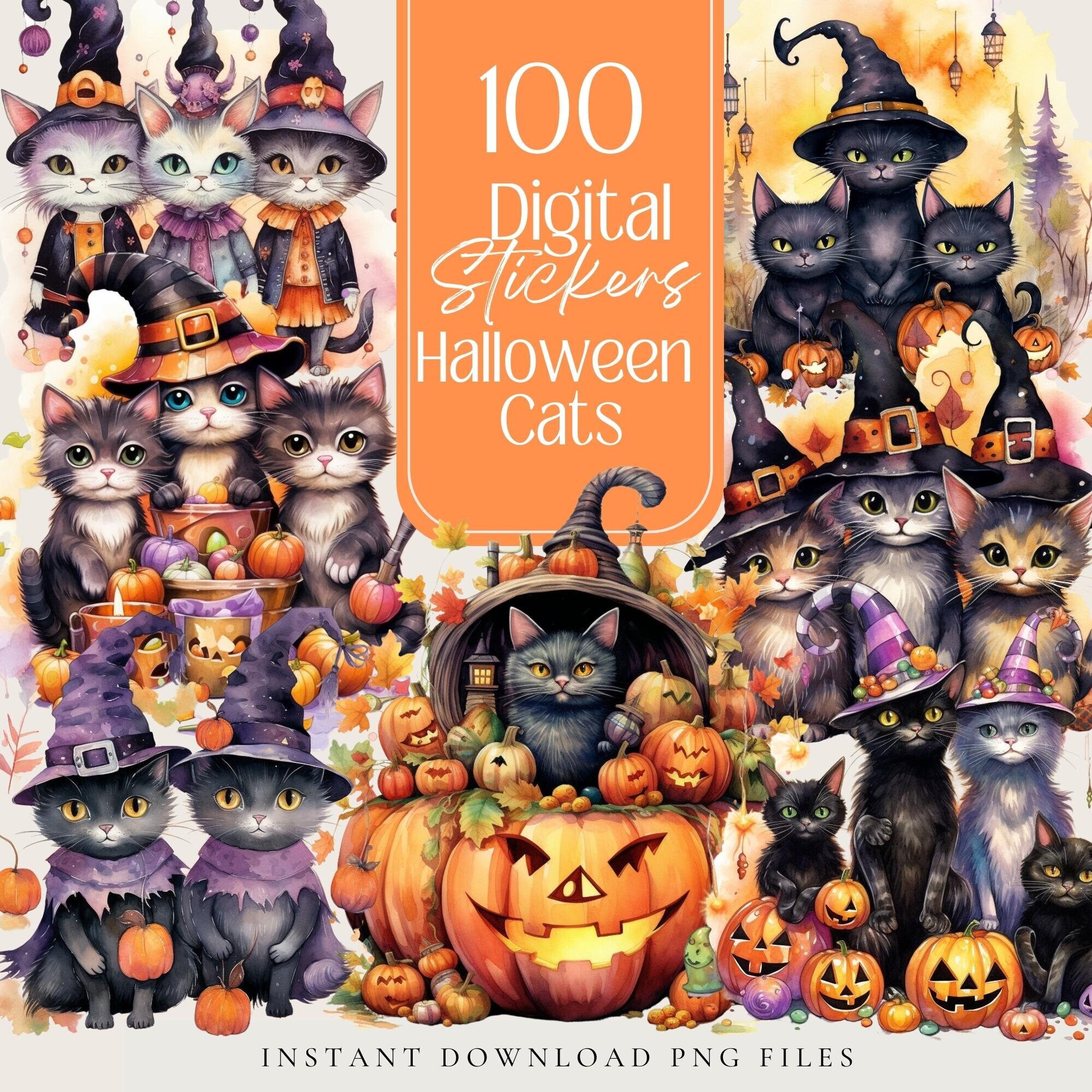Halloween Cats Watercolor Clipart Bundle 100 PNG Spooky Cat Images ...