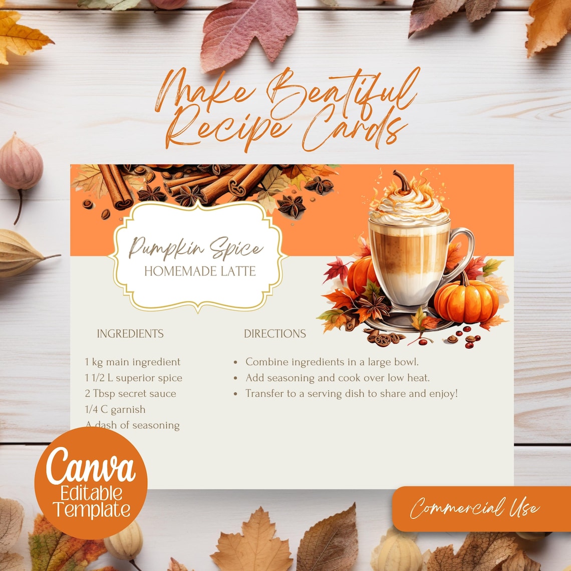 Autumn Fall Recipe Card Printable, Template, Pumpkin Thanksgiving ...