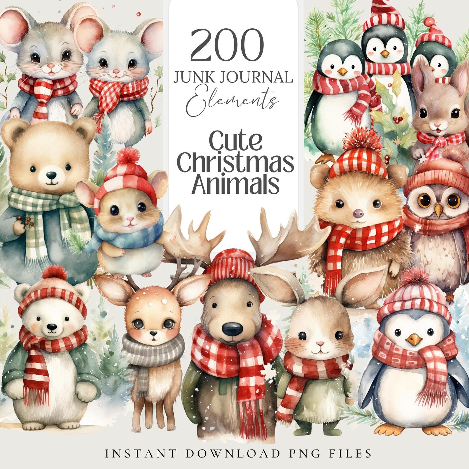 Christmas Animals Watercolor Clipart – 200 Festive PNG Images (digital ...