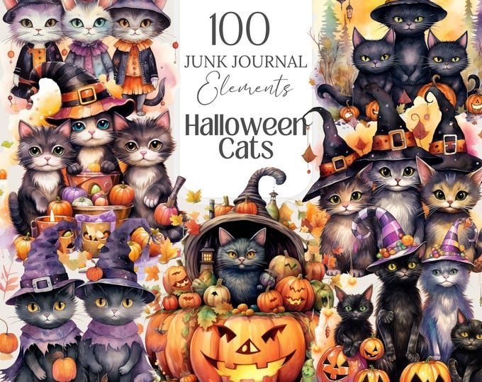 Watercolor Halloween Cat Clipart Bundle: Cute Cats in Witch Hats ...