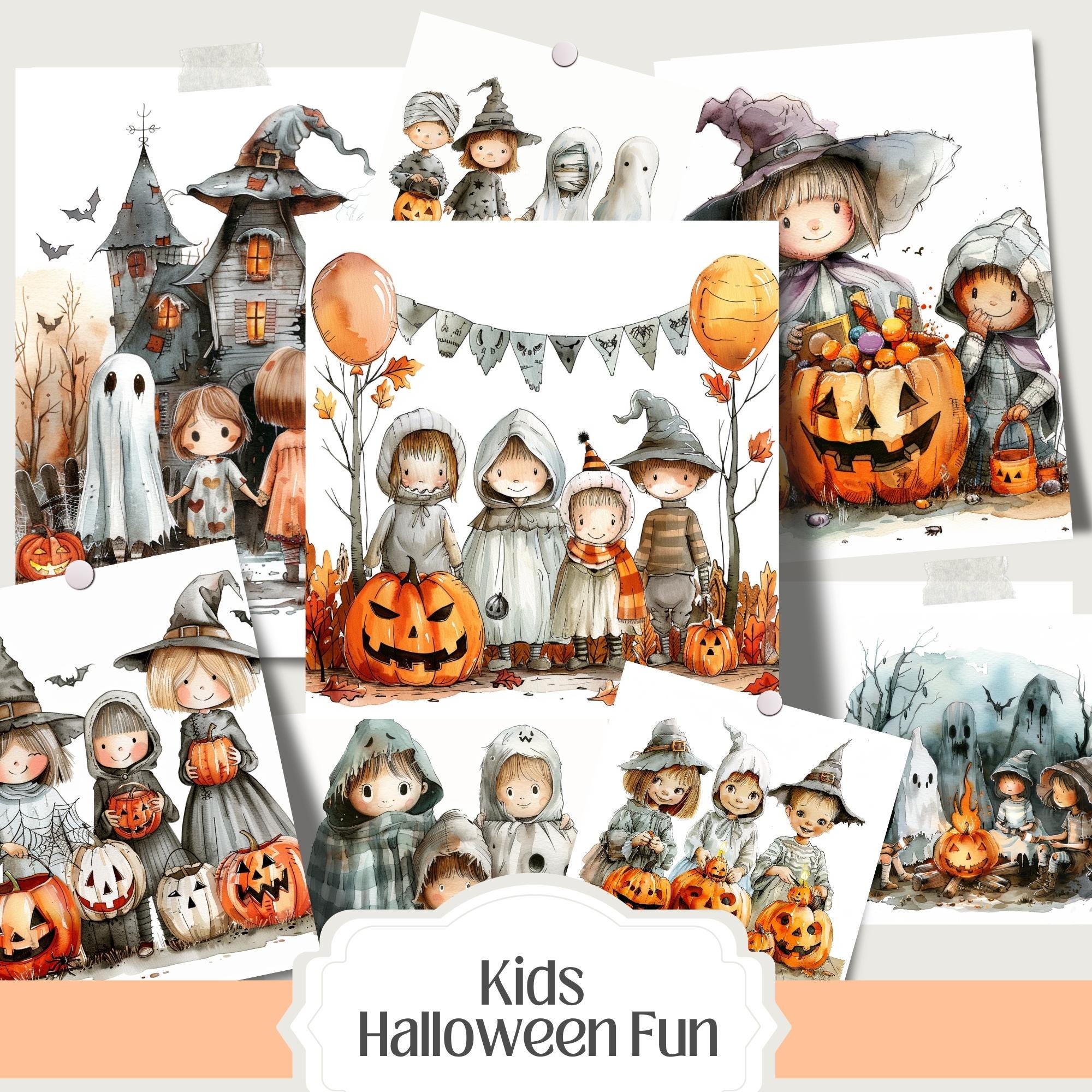 Cute Kids Halloween Fun Clipart Whimsical Watercolor PNG Party Invites ...