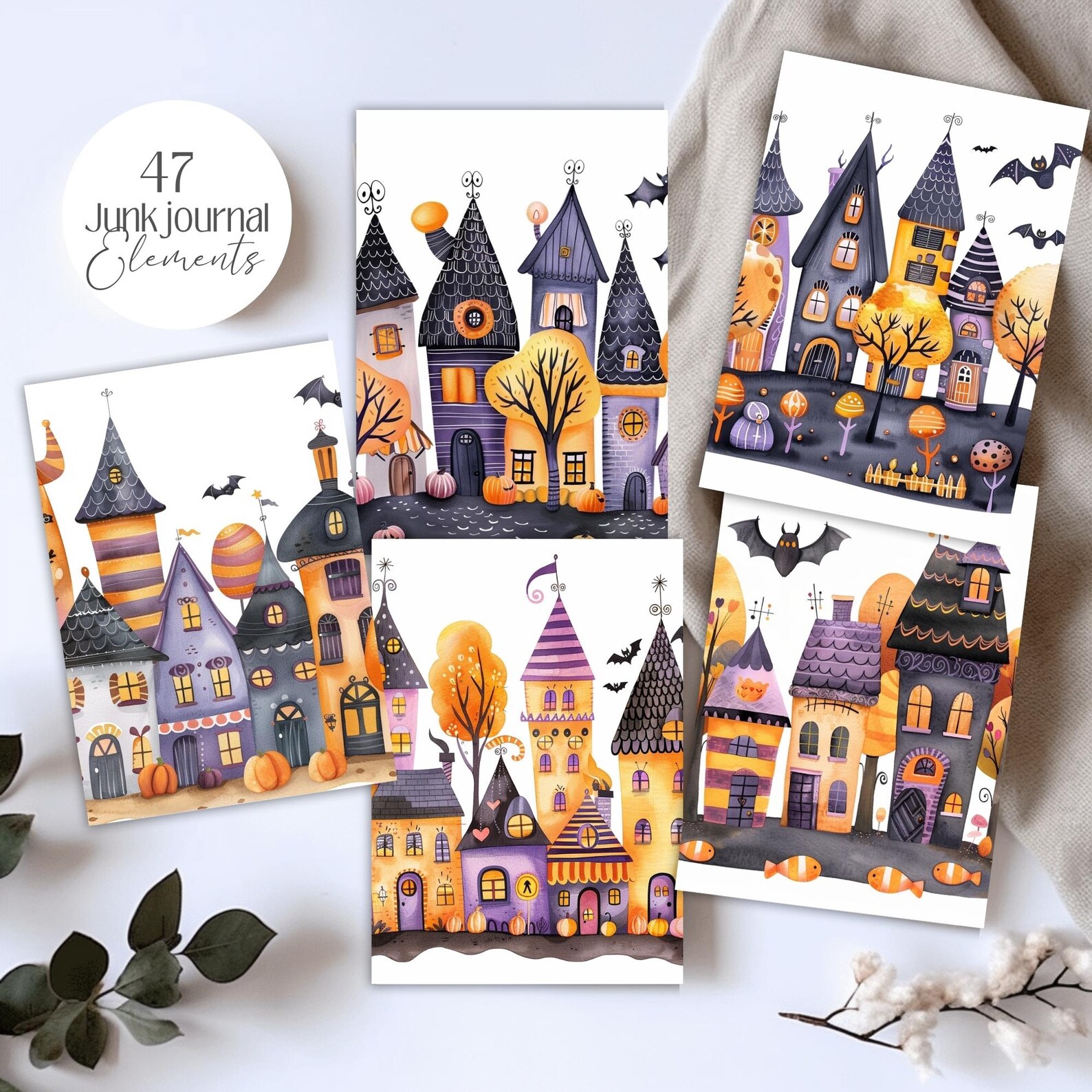 Halloween Town Houses Clipart: Spooky Watercolor PNG, Junk Journal ...
