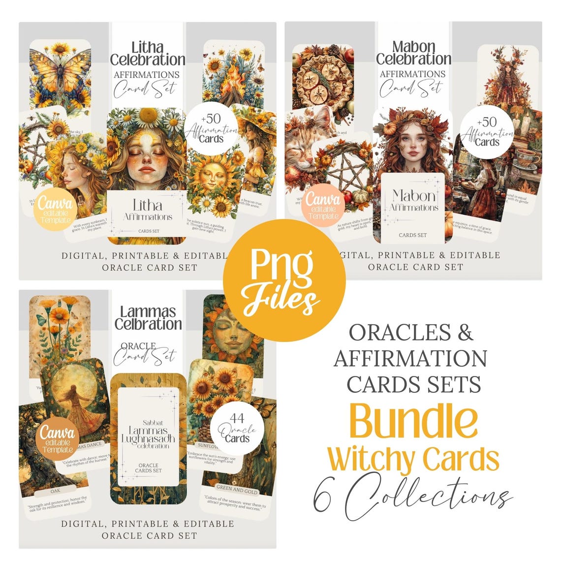 Wicca Oracle & Affirmation Cards PNG Bundle | Editable Templates, Wheel ...