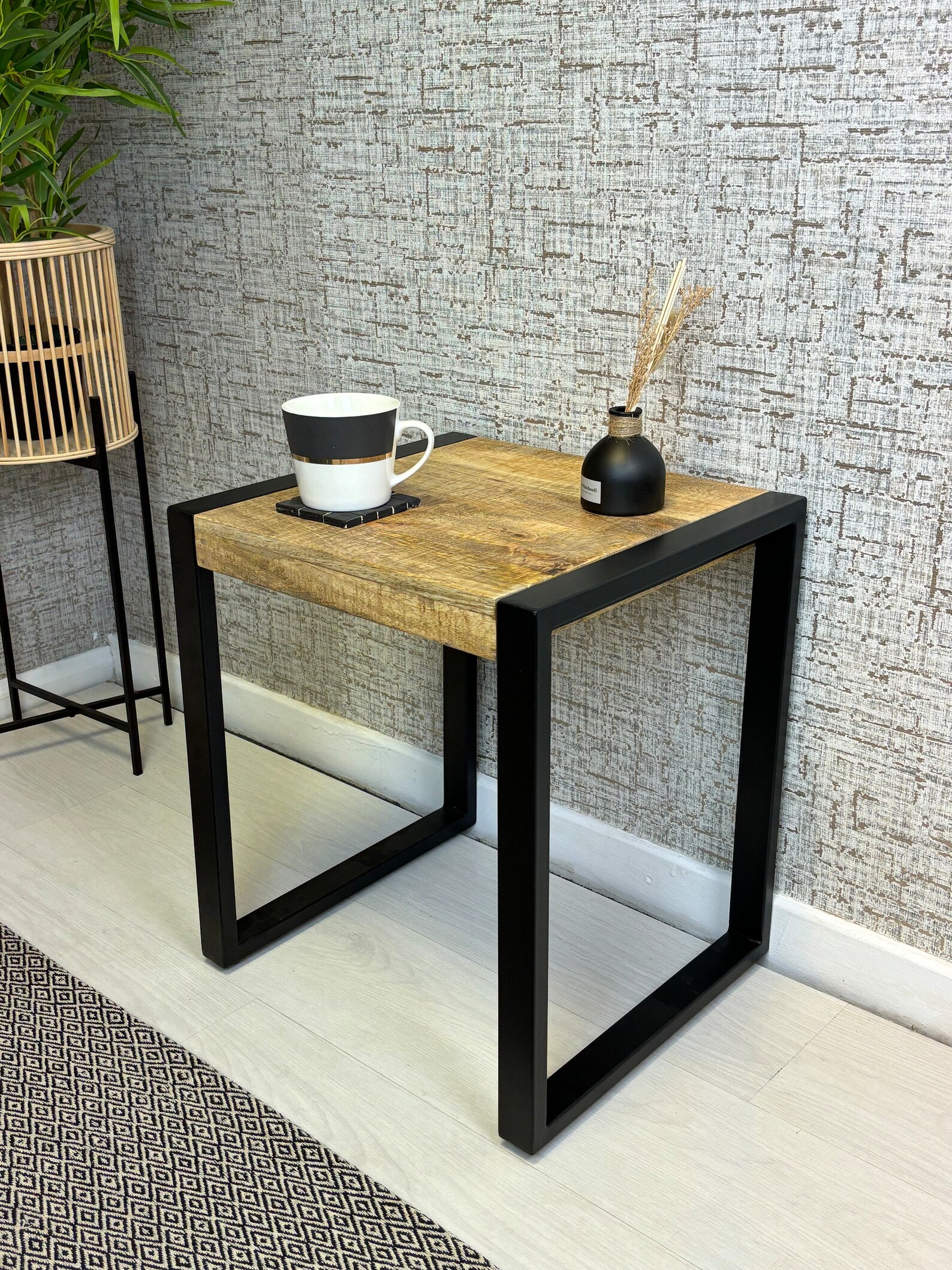 Industrial Rustic Solid Mango Wood Side End Table With Black Metal Legs ...