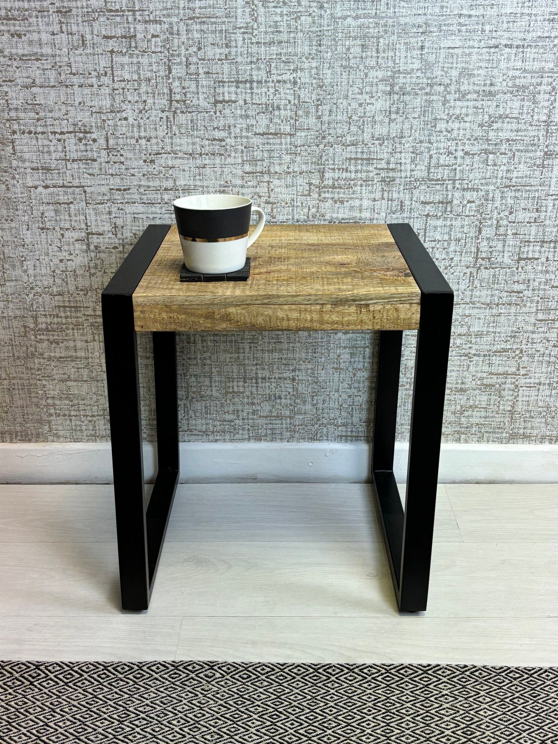 Industrial Rustic Solid Mango Wood Side End Table With Black Metal Legs ...