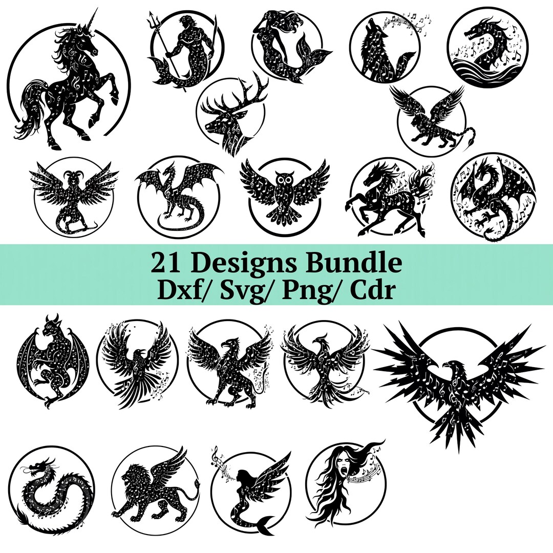 Mythical Creatures Music SVG Bundle, 21 Fantasy Animal Silhouette ...