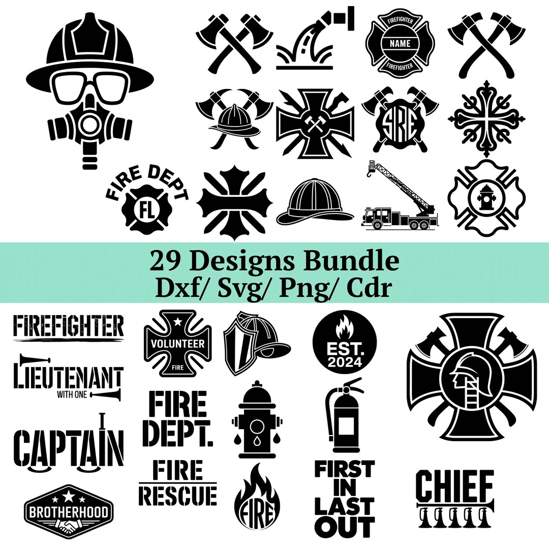 Firefighter SVG DXF Bundle, 29 Fire Dept Designs, Fire Truck & Helmet ...