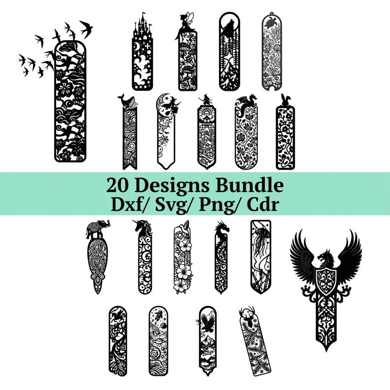 Magic Bookmark SVG Bundle, 20 Fantasy Book Marks, Dragon and Unicorn ...