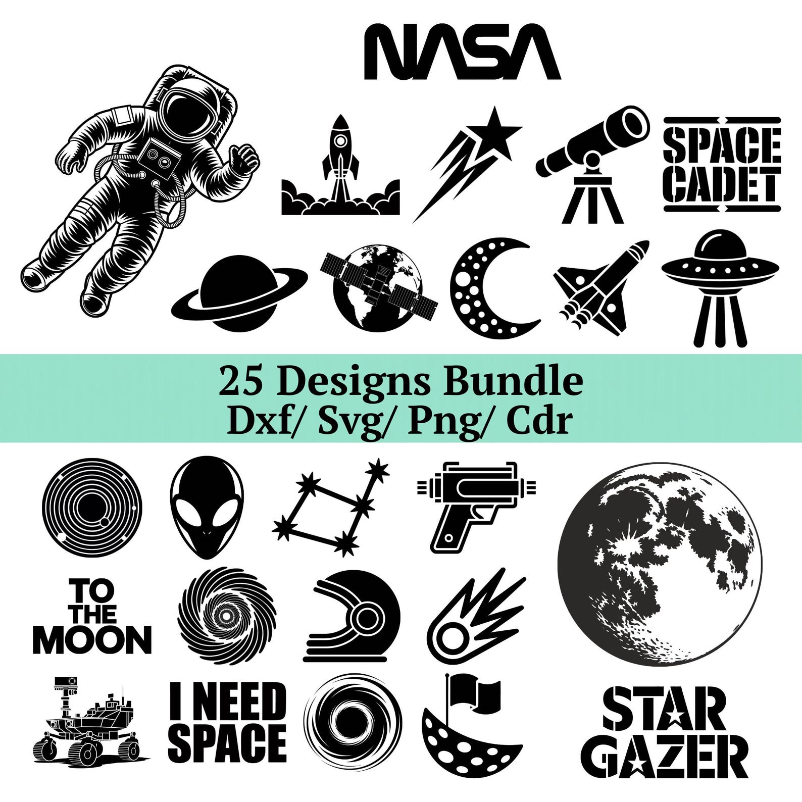 NASA Space Svg Bundle, 25 Astronaut Planet Dxf, Png Alien UFO Cdr ...