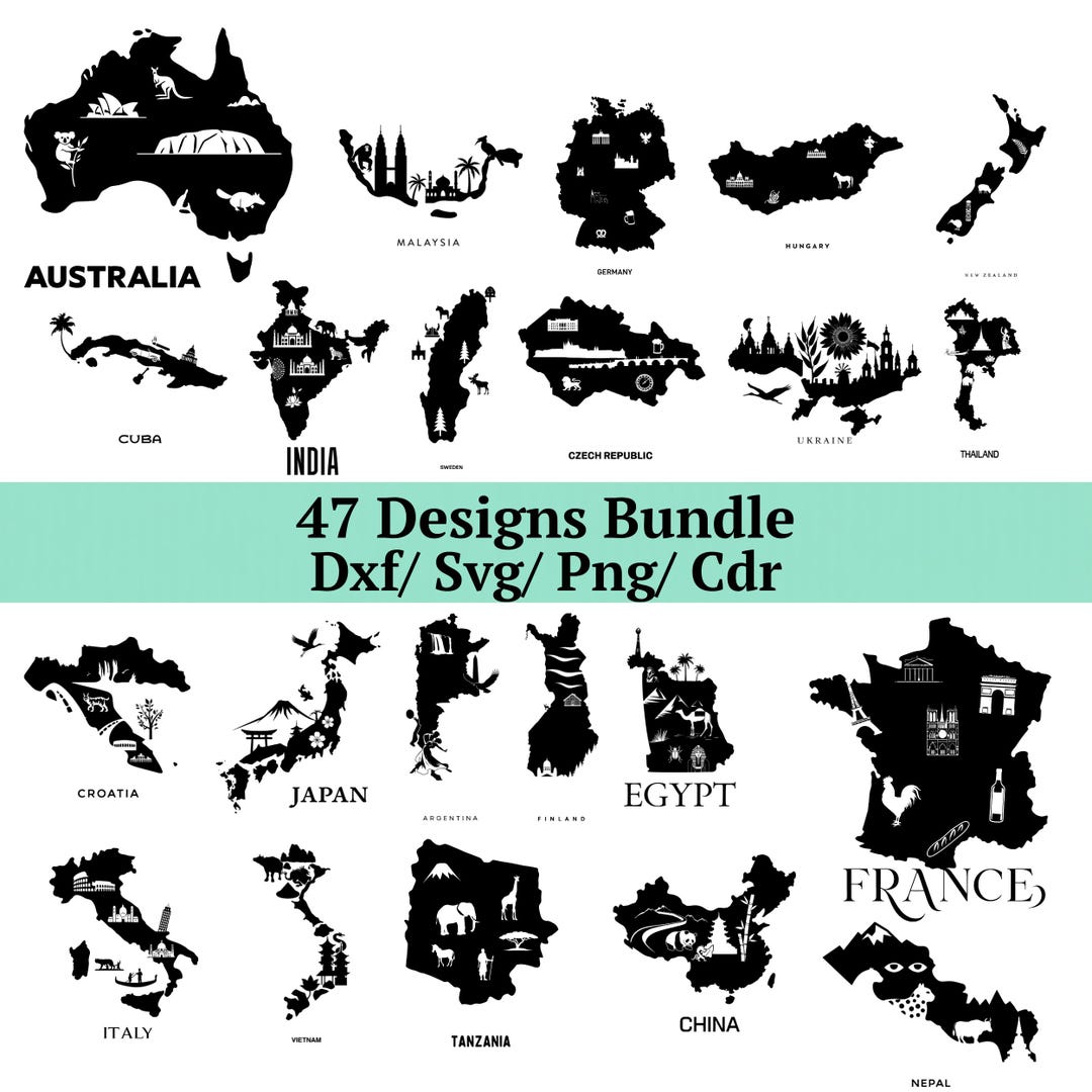 World Maps SVG Bundle, 47 Countries Silhouette With Landmarks, Travel ...