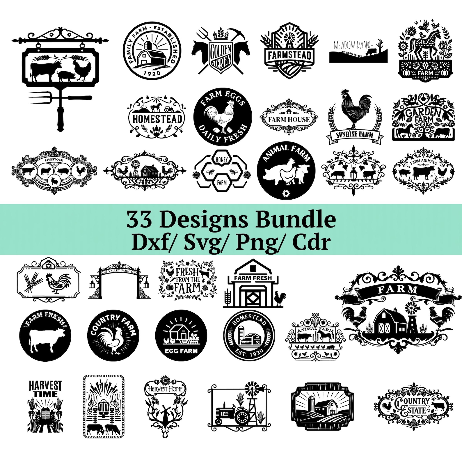 Farmhouse SVG Bundle, 33 Homestead Logo Designs, Vintage Farm Animal ...