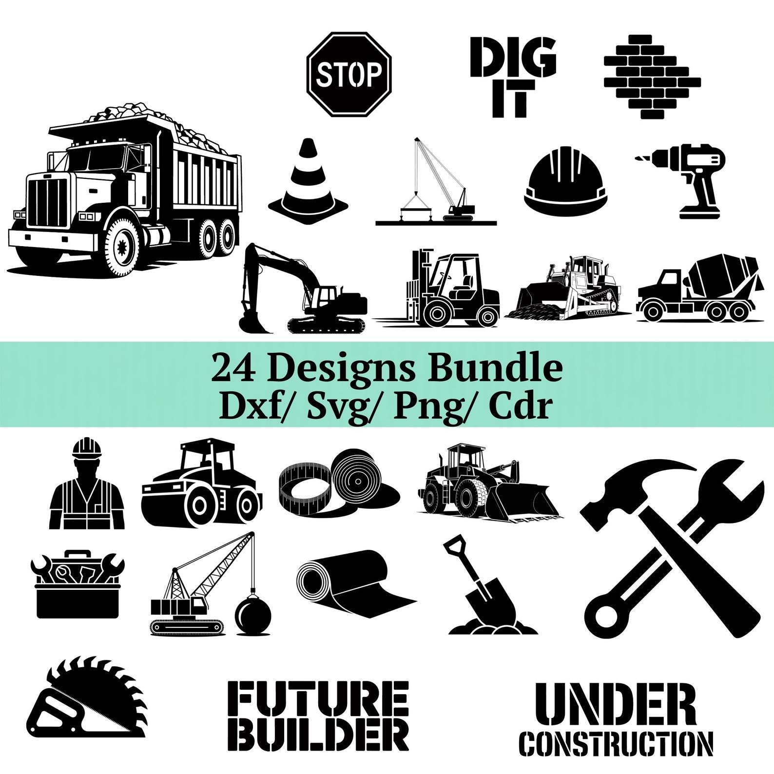 Construction Svg Bundle, 24 Heavy Machinery Dxf, Future Builder Png ...