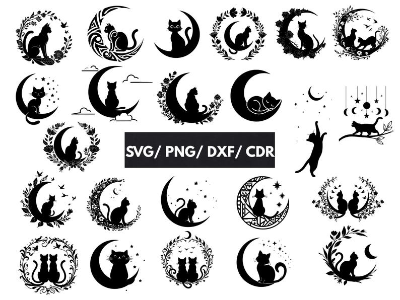 Mystical Cat and Moon SVG Designs Bundle | Witchy Cat Clipart | Moon ...