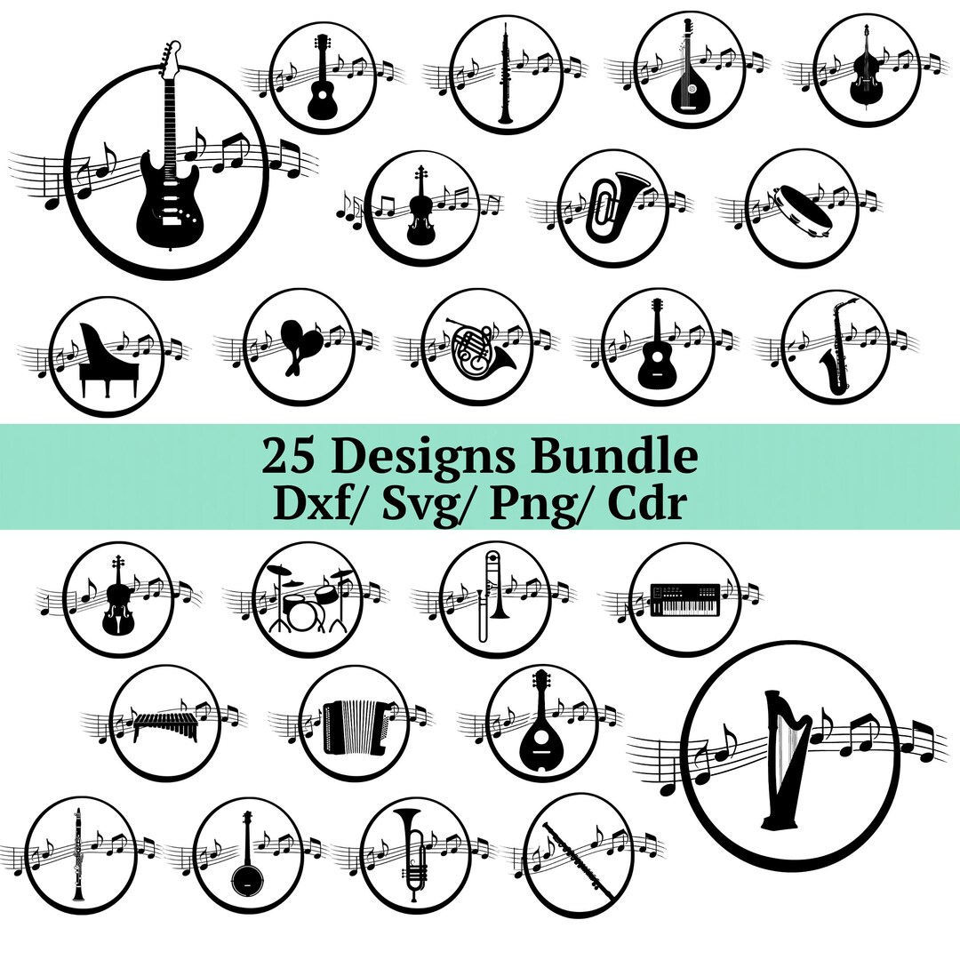 25 Musical Instruments Bundle Svg Dxf Png Cdr, Music Notes Silhouette ...