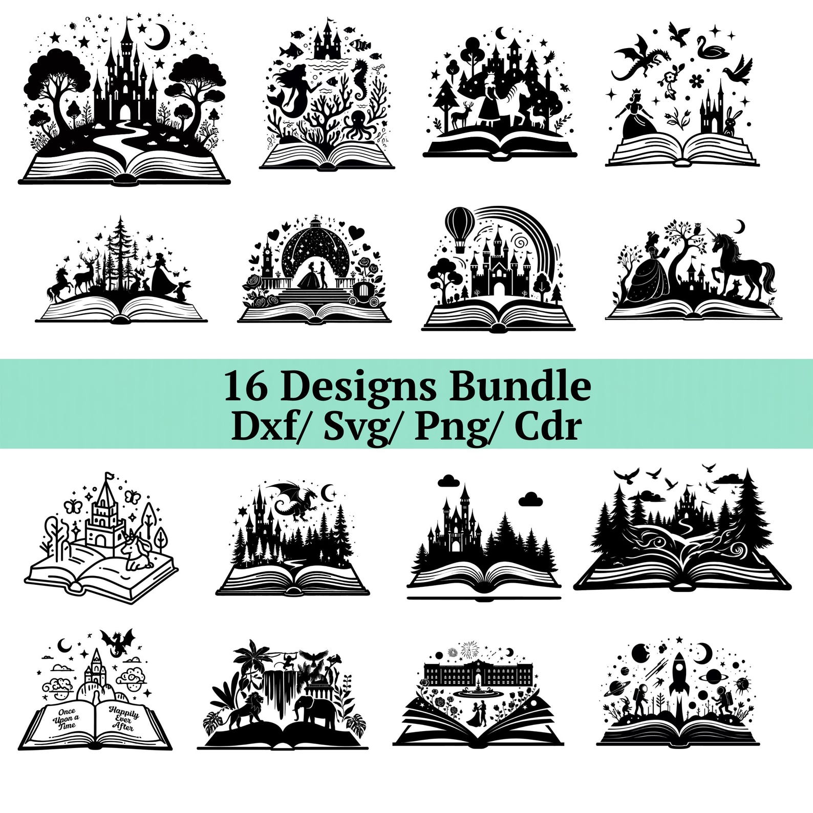 Storybook Magic SVG Bundle, 16 Open Book Fantasy World Silhouette ...