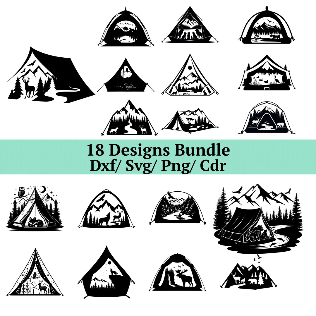 18 Camping Tent Bundle Svg Dxf Png Cdr, Mountain Wildlife Silhouette ...