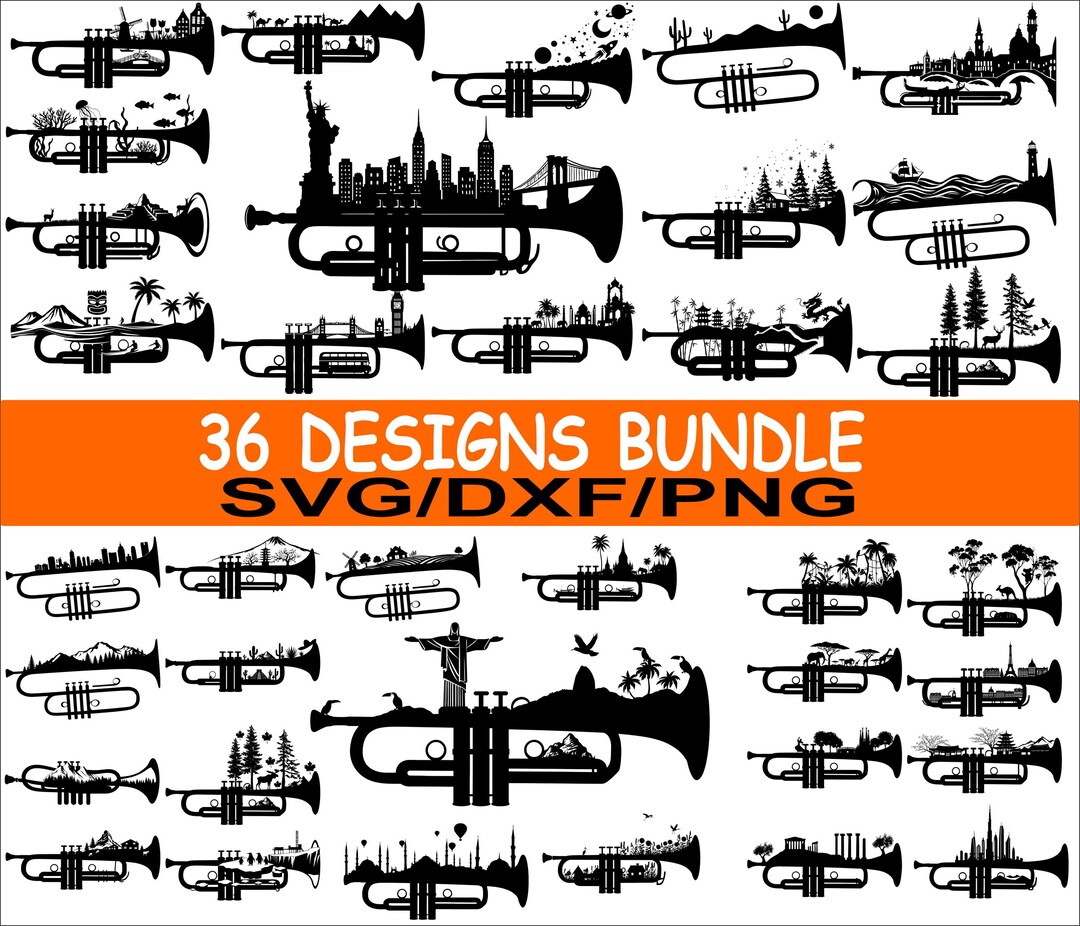 Trumpet SVG Bundle 36 Designs, Music Instrument Svg, Trumpet Cityscape ...