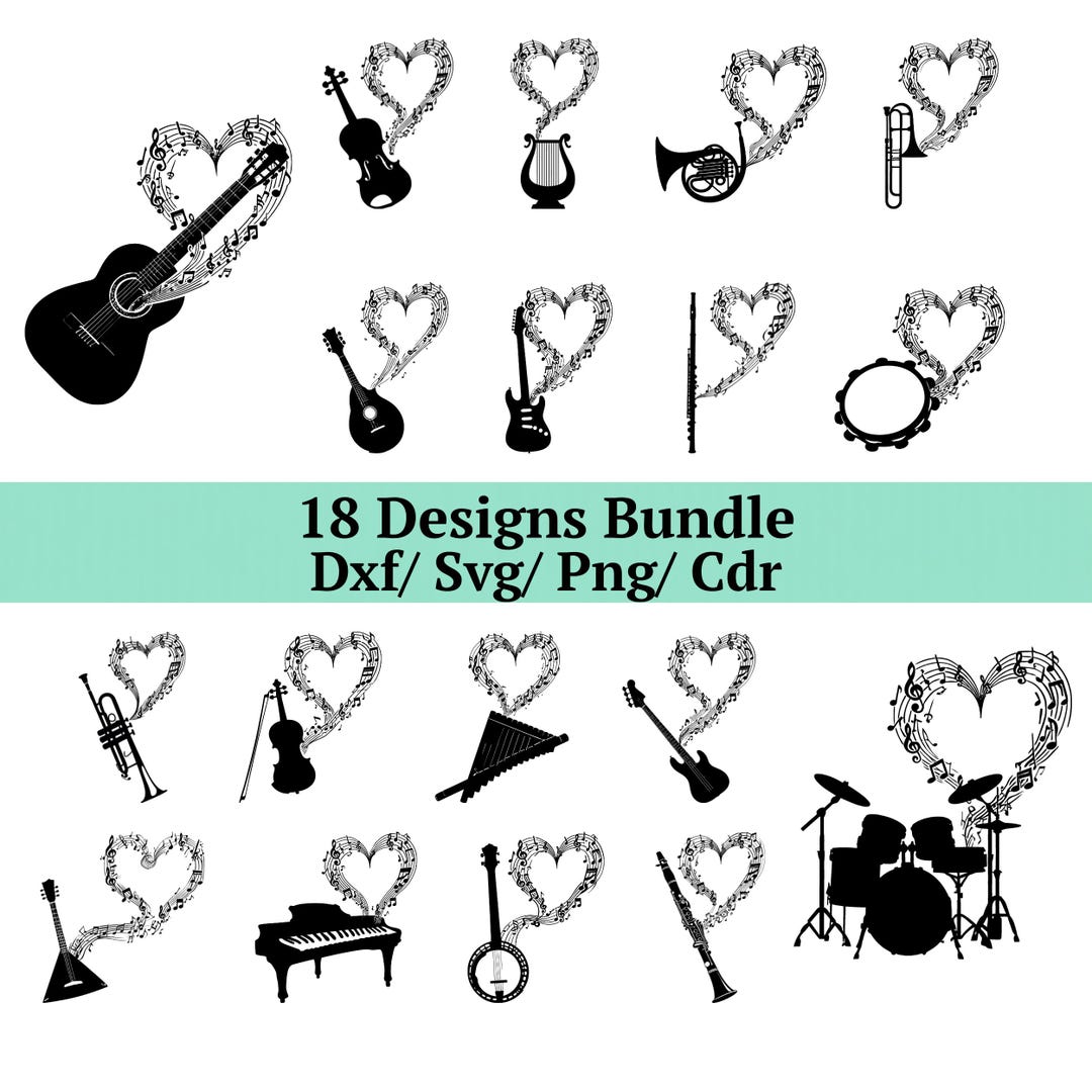 Music Heart SVG Bundle, 18 Musical Instrument Silhouette, Heart Note ...