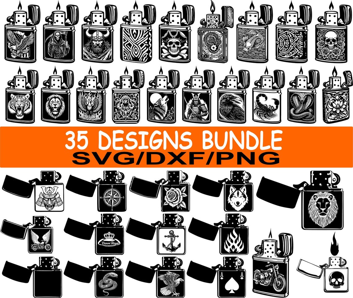35 Lighter Engraving Designs SVG Bundle, Metal Lighter Wraps, Skull and ...