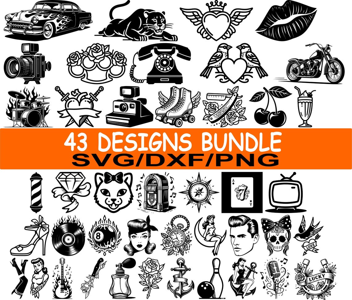 43 Rockabilly Retro Svg Bundle / Pin up Vintage Icons Dxf / Old School ...